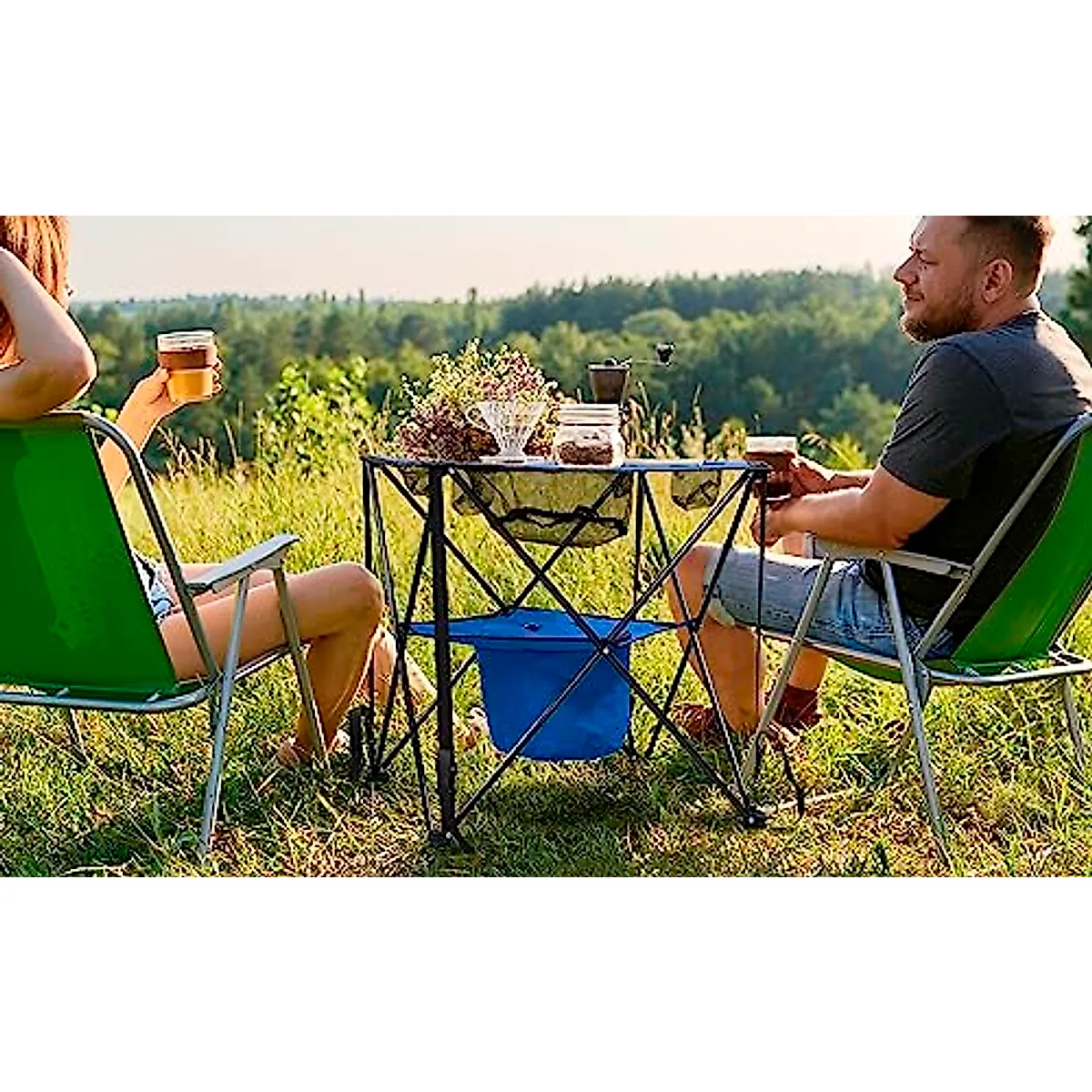 Eternal Living Collapsible Folding Camping Table with Insulated Cooler, Cup Holder, Mesh Food Basket & Travel Bag, Blue