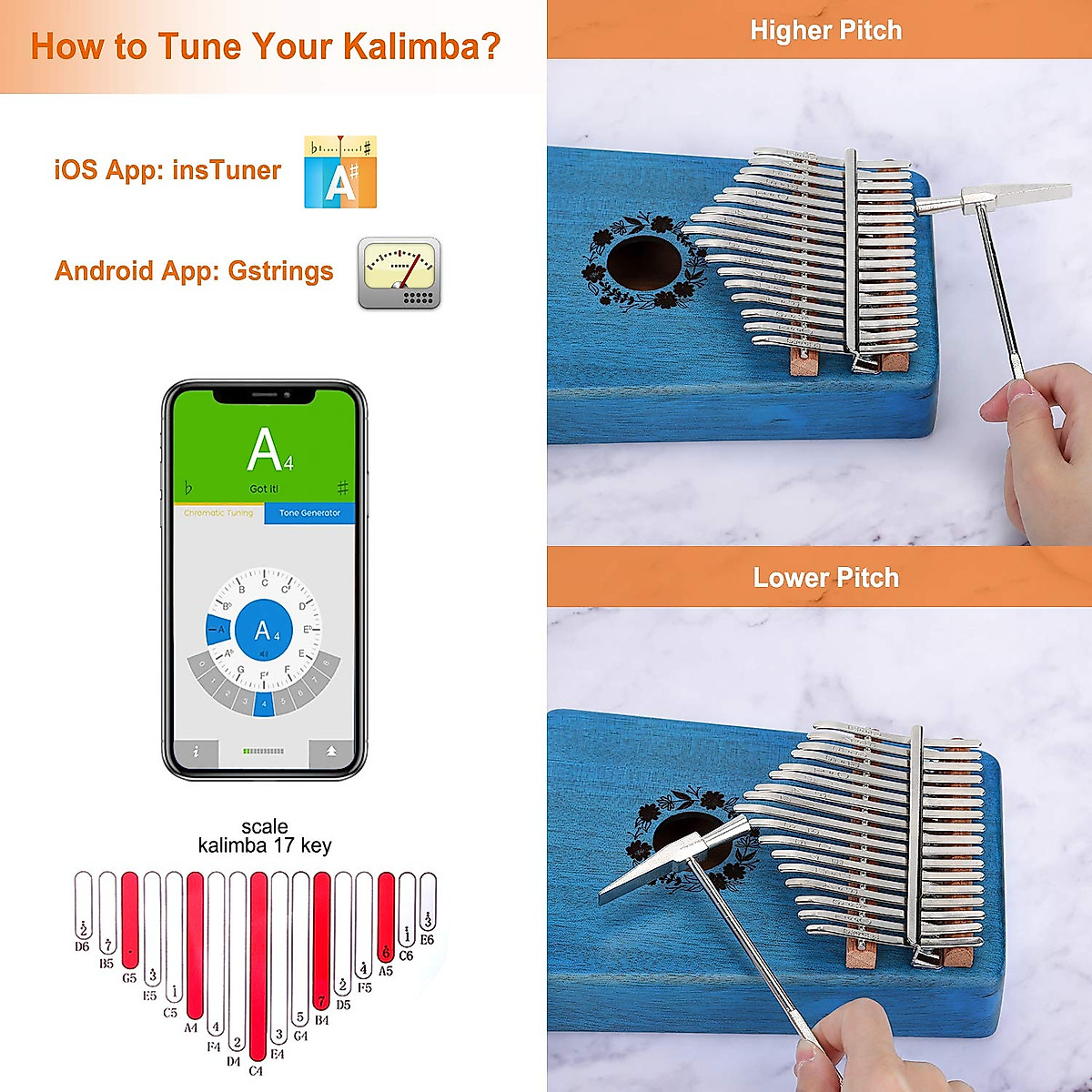 Kalimba Thumb Piano 17 Keys, Portable Mbira Finger Piano Gifts for Kids and Adults Beginners, Easy to Learn Finger Piano Music, Ocean Blue