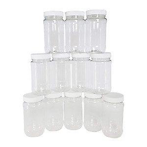 Kelkaa 8oz Clear PET Plastic Jars with White Ribbed PE Lined Caps, BPA Free, Empty Containers, Kitchen Dried Food Storage, Homemade Peanut Butter, All-Purpose Canisters, Made in the USA (Pack of 12)