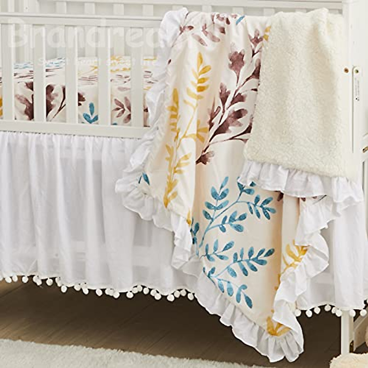 Brandream Farmhouse Crib Bedding Set Neutral Leaves Watercolor Botanical Floral Nursery Bedding Chic Baby Blanket 3 Piece with Pom-pom Bed Skirt, White Yellow Green