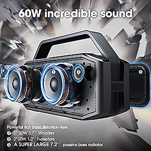 W-KING Portable Loud Bluetooth Speakers with Subwoofer, 60W (80W Peak) Outdoor Speakers Bluetooth Wireless Waterproof Speaker, Heavy Bass/V5.0/40H Play/Power Bank/TF Card/AUX/NFC/EQ, Large for Party