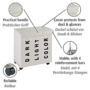 WENKO Trivo Laundry Sorter with 3 Sections (Dark, Light, Color), Laundry Basket on Wheels with Handle, Laundry Hamper with Lid, Beige, 30.6 gal, 22 x 23.6 x 13.8 in