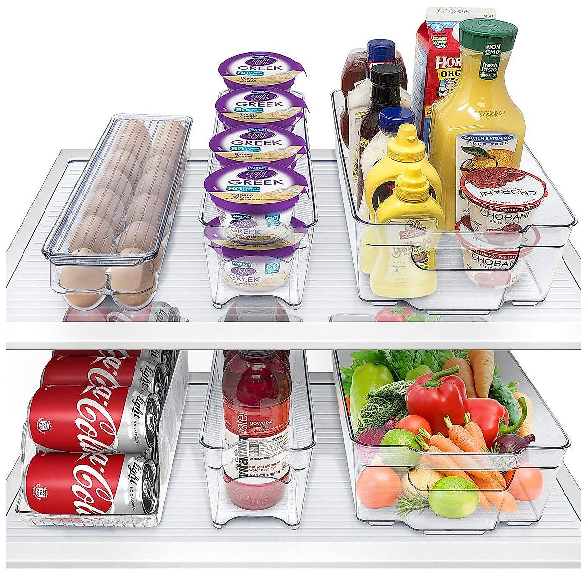Sorbus Clear Fridge Organizer Bins & Curved Clear Rolling Bins Set - 6 Set with Egg Holder, Can Dispenser, and Varying Sizes - Curved 3 Piece Clear Storage Design with Handles, Dividers, and Wheels