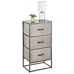 mDesign Modern 3-Drawer Dresser Storage Tower - Sturdy Steel Frame, Wood Top, Wood Handles/Fabric Bins - Organizer Unit for Bedroom, Hall, Entryway, Closets - Margot Collection - Black/Graphite Gray