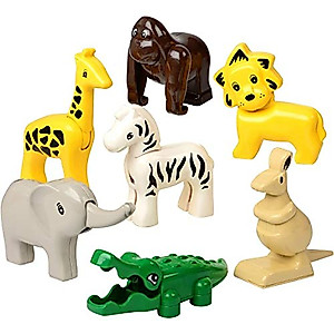 Constructive Playthings OX-37 Preschool Sized Interlocking Bricks Accessory Set Featuring People, Dinosaurs and Animals