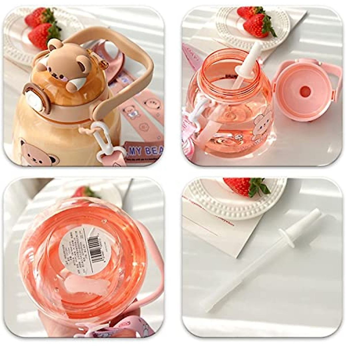 NioiiLife Kawaii Water Bottle with Handle Shoulder Strap & Straw for Carrying Leakproof Cute Animal-Themed Large Drinking Jug 1.3L (Corgi)