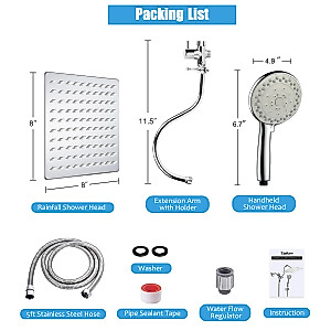Taiker Shower Head, 8 Inch High Pressure Rainfall Shower Head/Handheld Showerhead Combo with 11.5 Inch Adjustable Curved Arm, Anti-leak Shower Head with Holder/Hose, Flow Regulator, Chrome (Silver)