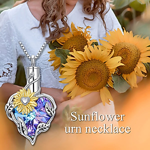 TOUPOP Sunflower Necklace for Ashes S925 Silver Sterling with Crystal Cremation Jewlry for Women