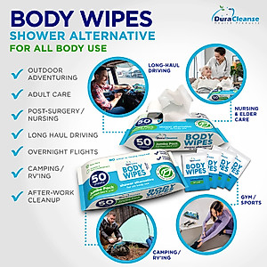 XL Body Wipes for Adults Bathing No Rinse - 50 Ct. + 4 Travel Shower Wipes - 9"x12" Thick Cleansing Bath Wash Wipes for Elderly Incontinence - Disposable Washcloths, Camping Essentials for Women & Men