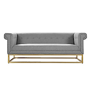 Iconic Home Palmira Sofa Button Tufted Linen-Textured Plush Cushion Brass Finished Brushed Metal Base Frame, Modern Transitional, Grey