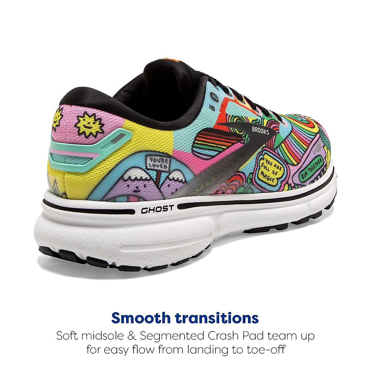 Brooks Men's Ghost 15 Running Shoe - Black/White/Multi - 8 Medium