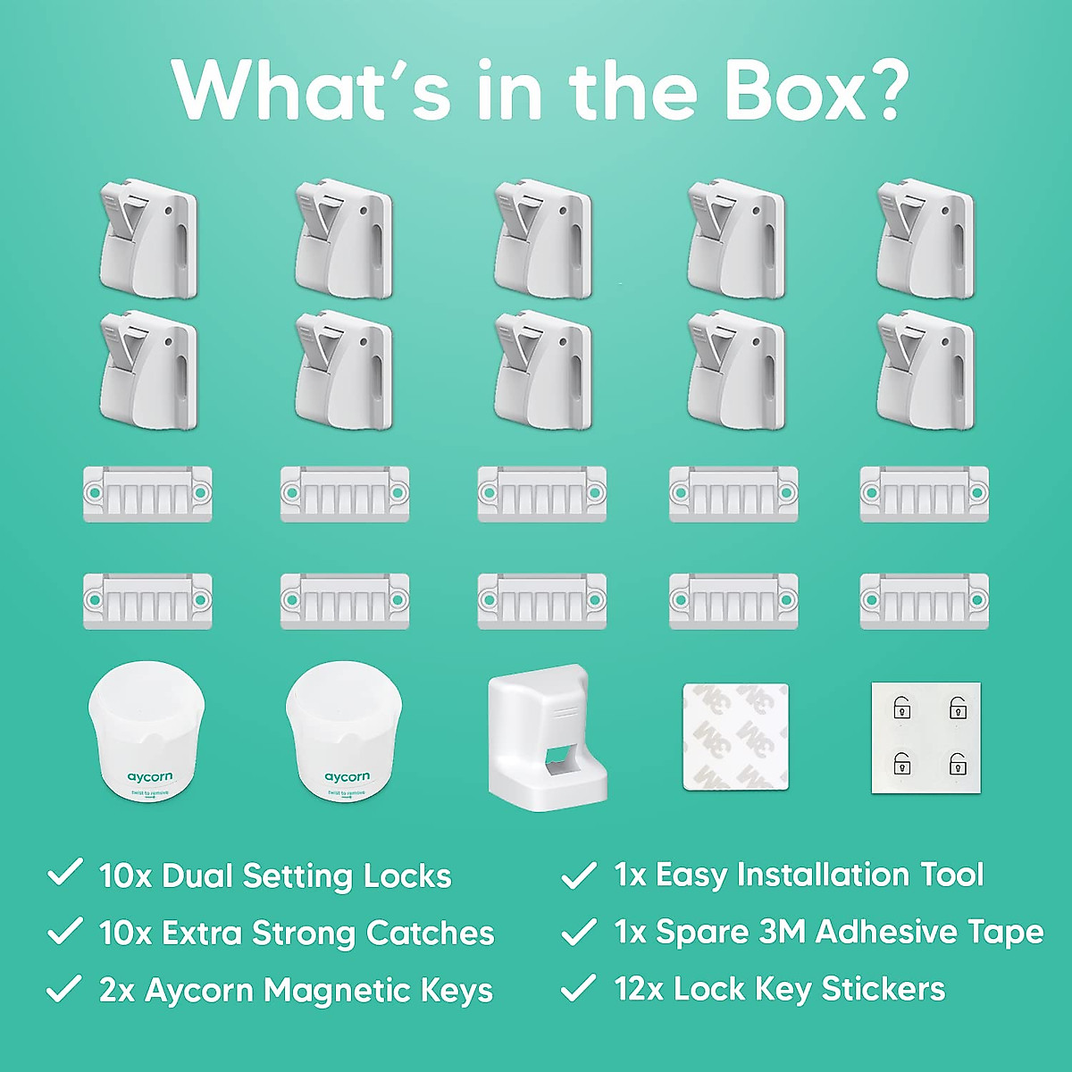 AYCORN Safety Magnetic Child Locks for Cabinets (10 Locks & 2 Keys), Baby Proofing Cabinet Locks for Doors and Drawers 10 Pack - Easy Install No Screws or Drilling Toddler Child proof Cabinet Latches