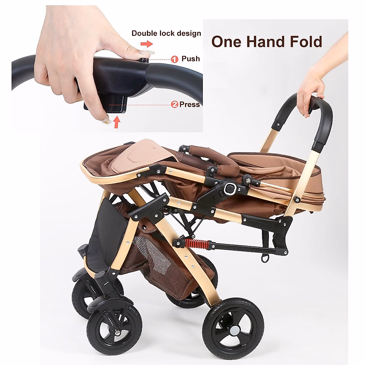 High View Pram 2-in-1 Toddler Stroller Foldable Pram Carriage Reclining Seat and Carbon Steel Frame,Mobile Crib,Reversible Bassinet,Detachable Armrest (Color : Pink)