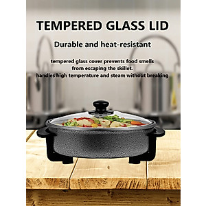 Nonstick Electric Skillet - Aluminum Coated Grill Pan & Glass Lid Cover (12-Inch)