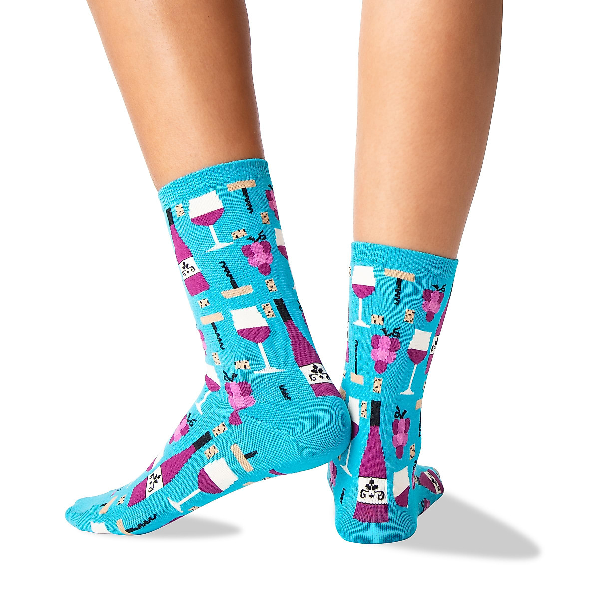Hot Sox Women's Food and Drink Novelty Casual Crew Socks, Wine (Turquoise), shoe size 4-10 and sock size 9-11.