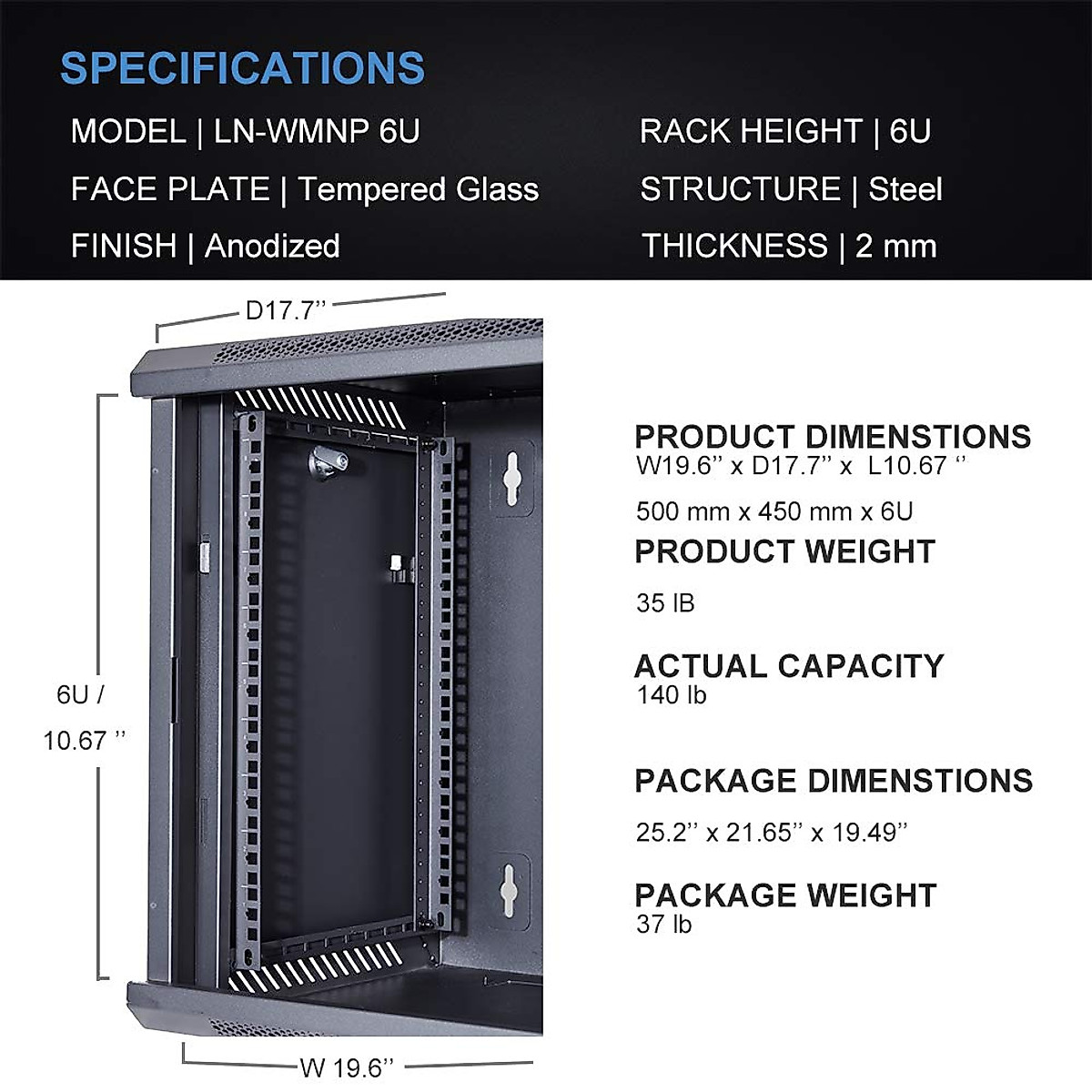 Kenuco Wall Mount Rack Server Cabinet Data Network Enclosure 19-Inch Server Network Rack with Locking Glass Door 16-Inches Deep (BLACK 06U)