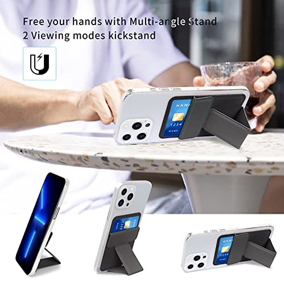 WWW Card Holder with Stand for Back of Phone,Secure Stick on Wallet,PU Leather Credit Cards Holder for Cell Phone with 3M Adhesive Sticker for Smart Phones,Black