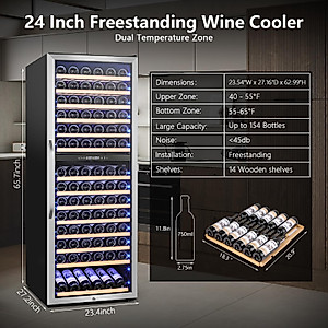 Velivi Wine Fridge Freestanding Dual Temperature Zone, Wine Cooler Refrigerator for 154 Bottles, 24 Inch Wide Large Wine Cooler with Professional Temperature Control System, Quiet Operation