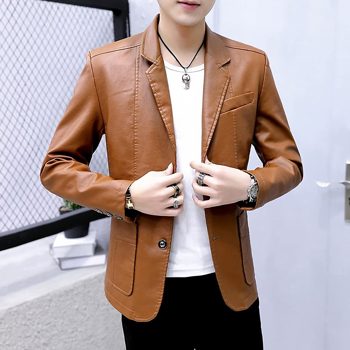 Rayiisuy Mens PU Leather Blazer Men's Casual Single Button Suit Coat Slim Fit Lapel Black Jackets For Men Stylish Faux Leather Outwear (Brown), XY-903, Large