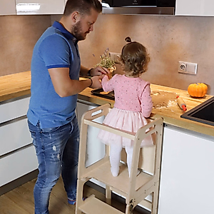 Foldable Montessori helper tower - Table & Chair with Chalkboard All-In-One (Natural lacquered)