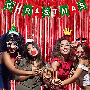 2PCS Red Foil Fringe Curtain Backdrop, 8ft Sparkle Tinsel Metallic Curtains for Birthday Party Wedding Graduation Photo Booth Backdrop Valentines Christmas Halloween Disco Party Decorations