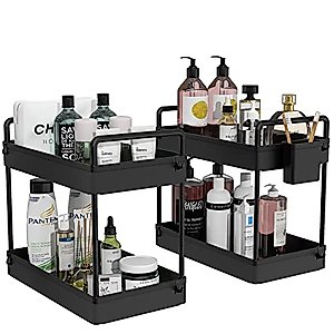 Ronlap 2 Pack Under Sink Organizers and Storage, 2 Tier Bathroom Organizer Under Sink with Handle Hanging Cup Hooks Dividers, Kitchen Organization and Storage Under Sink Cabinet Counter Shelf, Black