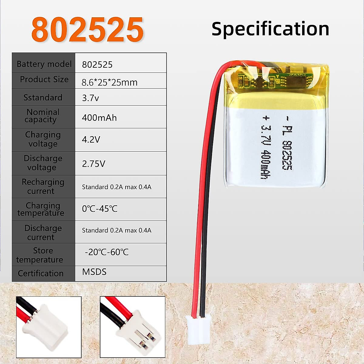 AKZYTUE 3.7V 400mAh 802525 Lipo battery Rechargeable Lithium Polymer ion Battery Pack with PH2.0mm JST Connector