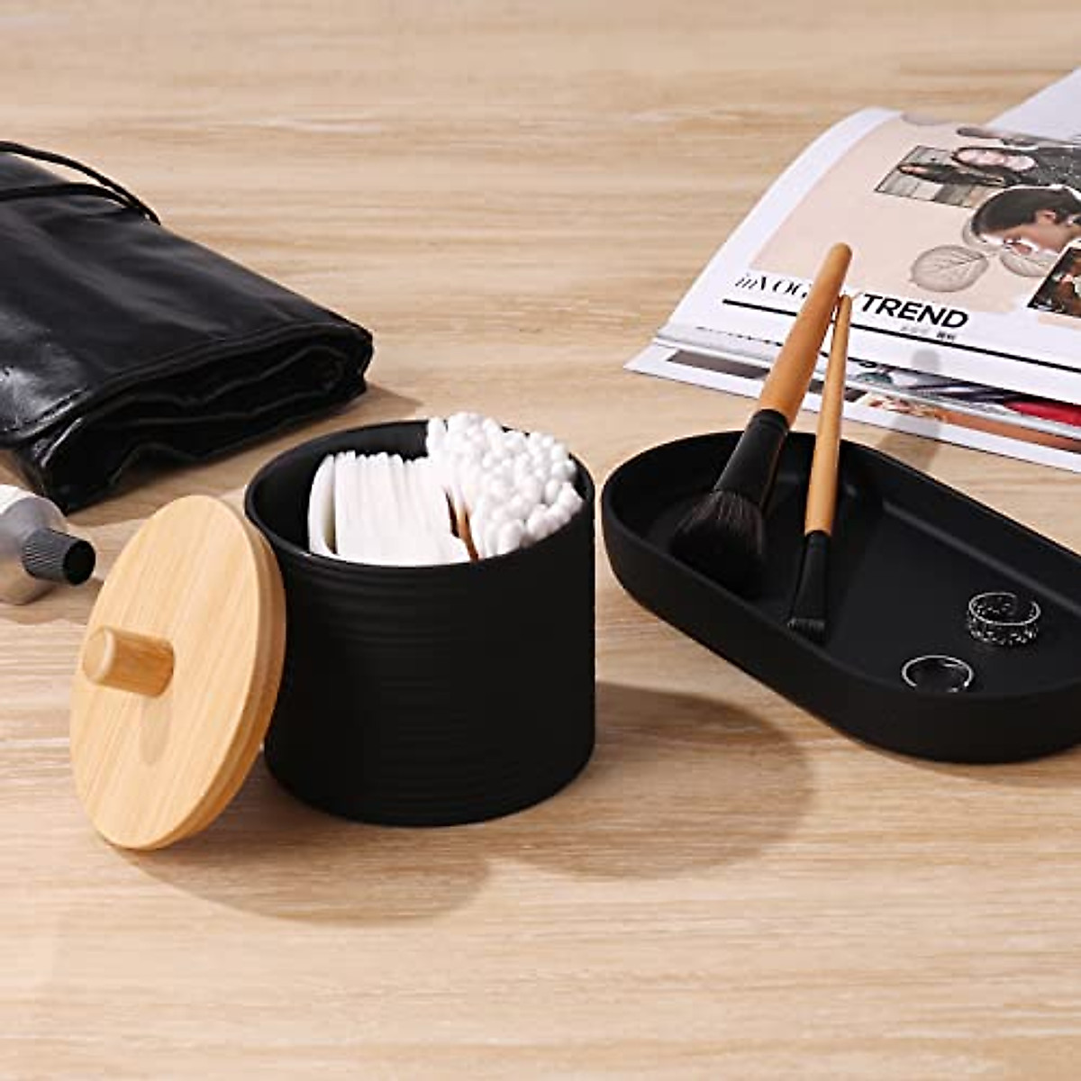 Bamboo Bathroom Accessories Set with Trash Can, Vanity Tray,Tumbler, Qtip Holder, Soap Dispenser, Soap Dish, Toilet Brush,Black