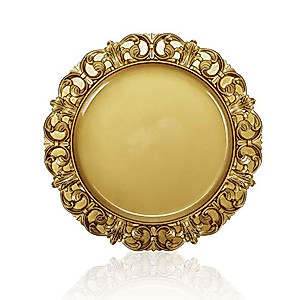 CheeseandU Gilded Dinner Plate Vintage Gold Serving Tray Dessert Steak Tray Bbq Food Container,Towel Tray Storage Tray Fruit Trays Cosmetics Jewelry Organizer Wedding Décor Plate, Plastic Round 13"