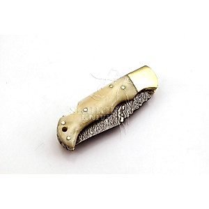 Skokie Knives Custom Hand Made Damascus Steel Hunting Folding Knife Handle Camel Bone