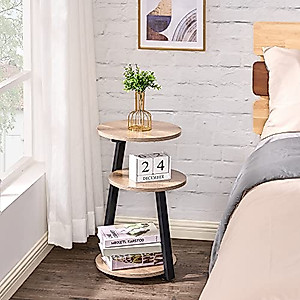 BEWISHOME Round End Table Side with Metal Frame, Accent Nightstand Bedside 3-Tier Shelves, Small for Living Room Bedroom Couch Coffee Greige KTZ41G