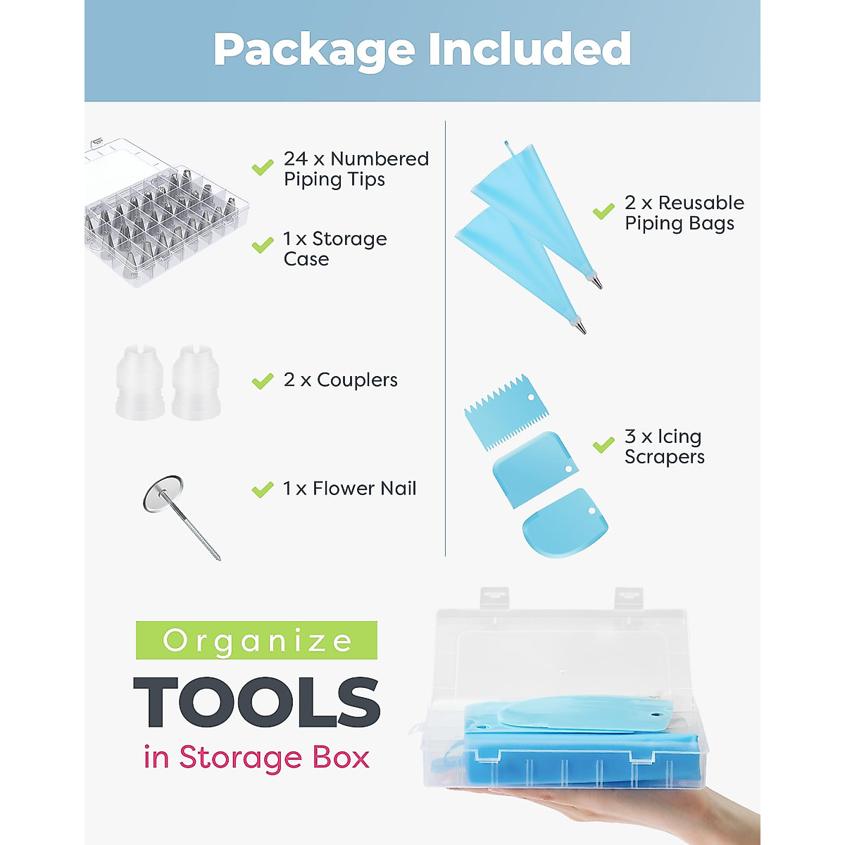 Kootek 32-Piece Piping Bags and Tips Set with 24 Icing Piping Tips, 2 Reusable Pastry Bags 12 Inch, Reusable Piping Icing Bags and Tips, Cake Decorating Kit for Frosting Cookie, Cupcake