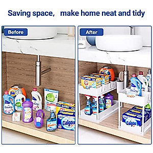 Puricon 2 Pack Under Sink Organizers and Storage 2-Tier Double Sliding Pull-Out Drawer, Under The Sink Organizer Kitchen Multi-Purpose Under Bathroom Sink Shelf Storage Rack for Cabinet -White