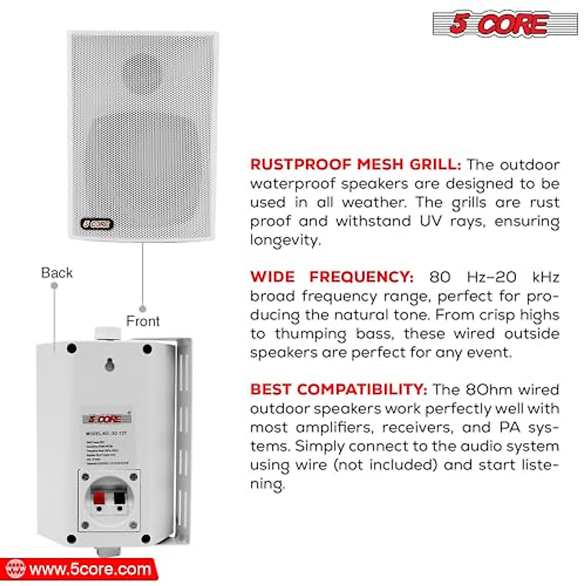 5 CORE Outdoor Speakers Stereo in Wall Speaker 100W Peak Passive Outside Surface Mount Wired Waterproof Patio House Garage Indoor Exterior Audio System Out Door Bocinas Para Casa - 13T WH 1PK