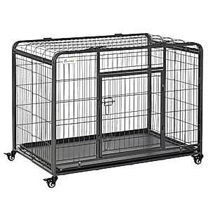 PawHut Folding Design Heavy Duty Metal Dog Cage Crate & Kennel with Removable Tray and Cover, & 4 Locking Wheels, Indoor/Outdoor 43"