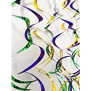 Mefuny Pack of 30 Purple Gold Green Hanging Swirl Decorations Mardi Gras Sparkly Streamers Foil Swirls for Ceiling Decorations Party Supplies