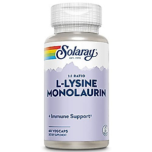 SOLARAY L-Lysine Monolaurin Immune Support Supplement, 1:1 Ratio for Immune System Function, Skin and Gut Health Support, 500 mg Each, 60-Day Money Back Guarantee, 30 Servings, 60 VegCaps