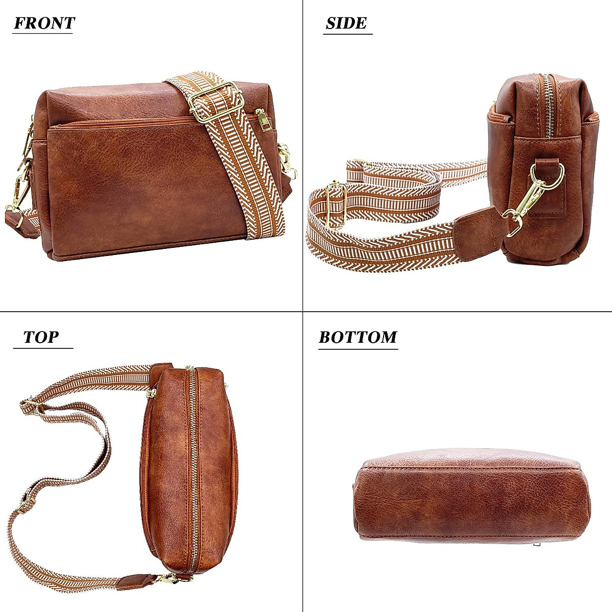 YUHAN PRETTY Small Crossbody Bags Purses for Women Triple Zip Vegan Leather Shoulder Handbags with Guitar & Leather Straps(Brown)