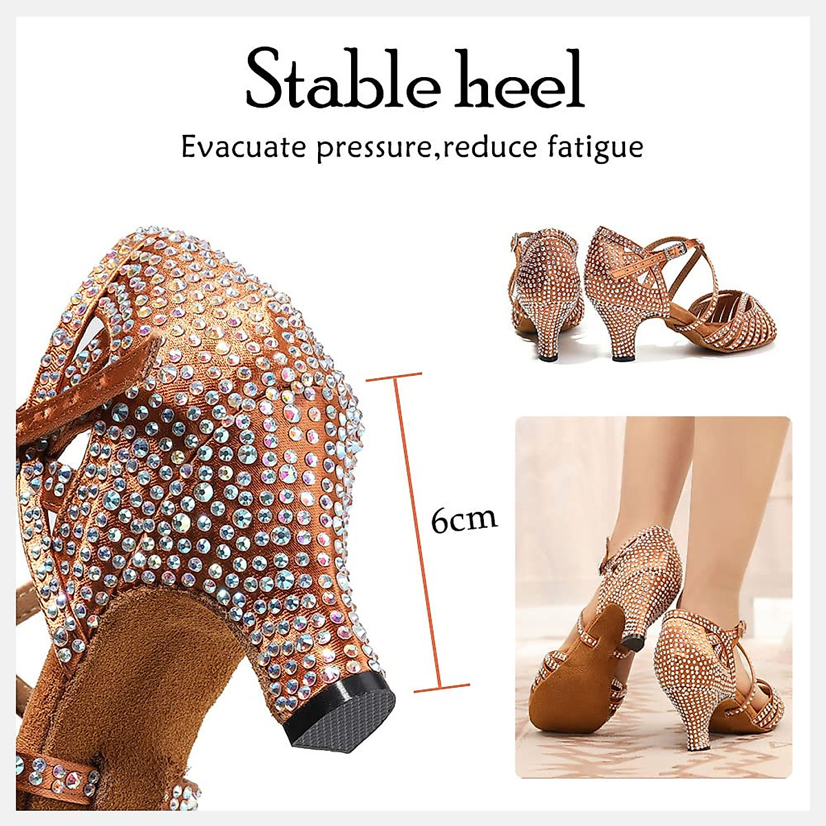 HIPPOSEUS Women's Latin Dance Shoes Tan Shiny Rhinestones Ballroom Party Salsa Dance Performace Shoes 2 1/3inch heel,Model L380,8 B(M) US