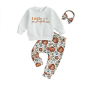 Engofs Toddler Baby Girl Halloween Outfit Long Sleeve Pumpkin Sweatshirt Tops Pants Headband 3Pcs Fall Winter Clothes Set White 18-24 Months
