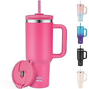 WETOWETO 40oz Tumbler with Handle | Insulated Stainless Steel Travel Mug | 34Hrs Cold & 10Hrs Hot Retention | 100% Leakproof Lid & Straw | Dishwasher Safe + Car Cup Holder Fit (Bright Pink)