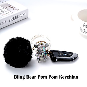 YOU WIZV Teddy Bear Keychain, Cute Bling Keychains for Women and Puff Ball key chains for Car Keys, Backpack, Purse Accessories, Aesthetic Black Pom Pom Keychain