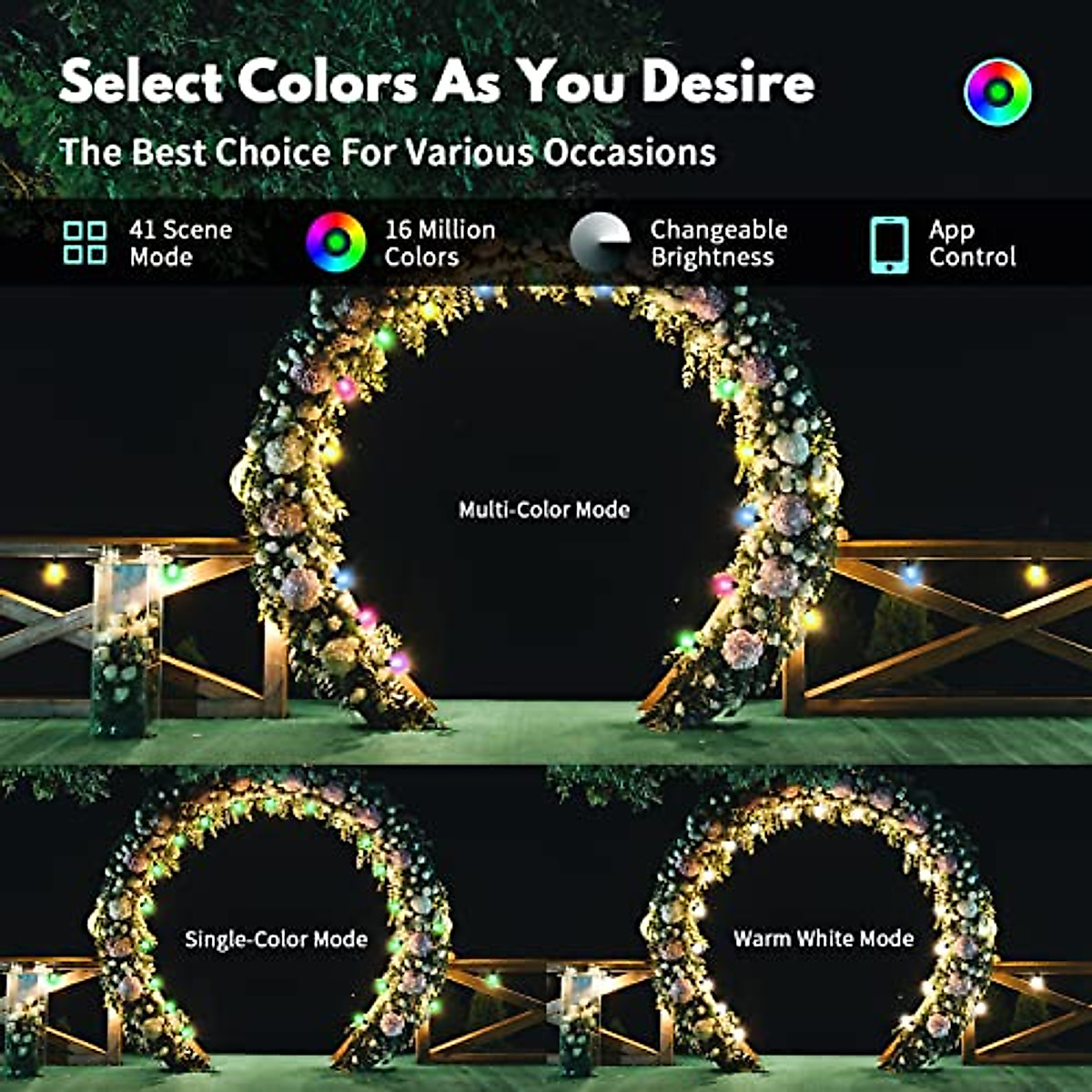 XHT Outdoor String Lights - 48ft Sync with Music Color Changing Outside Patio Lights with 15 Dimmable IP65 Waterproof RGB LED Bulbs with App & Remote Control for Dating, Party, Wedding