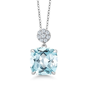 Gem Stone King 925 Sterling Silver Sky Blue Simulated Aquamarine Pendant Necklace For Women (6.32 Cttw, Cushion Cut 12MM, with 18 Inch Silver Chain)