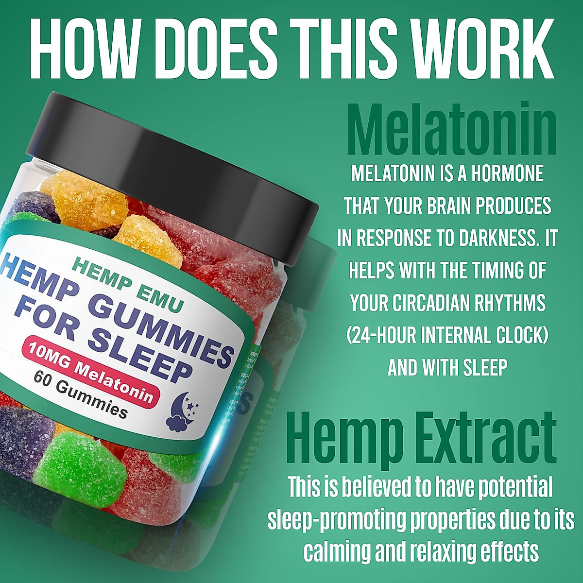 Hemp Emu Hemp Gummies for Sleep - Fall Asleep Faster, Stay Asleep Longer - 10mg Melatonin + Premium Hemp Extract, 2 Gummies Per Serving - 60 Count Fruit Flavored Gummies