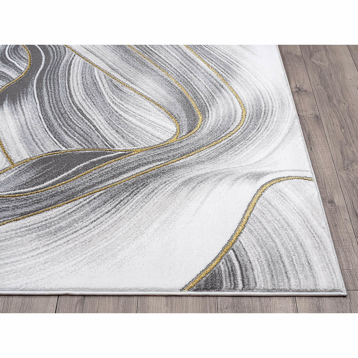 Abani Grey & Gold Metallic Contemporary Ribbon Area Rug, 5'3"x7'6" (5x8) Rugs Swirl Design Neutral Non-Shed Bedroom Rug