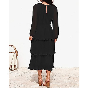 ZESICA Women's 2023 Long Sleeve Crew Neck Ruffle Tiered Layered Chiffon Flowy Swing Long Midi Dress,Black,Large