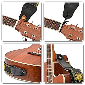 Guitar Strap, Vintage Embroidered Sun Straps with Genuine Leather Ends Guitar Shoulder Strap for Bass, Acoustic,Classical & Electric Guitar (Black)