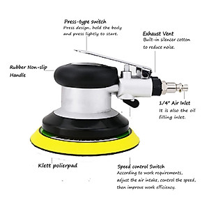 6" Air Random Orbit Sander, 12,000RPM Heavy Duty Dual Action Pneumatic Palm Sander
