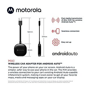 Motorola MA1 Wireless Android Auto Car Adapter - Instant Connection from Smartphone to Car Screen with Easy Setup - Direct Plug-in USB Adapter - Secure Gel Pad Included